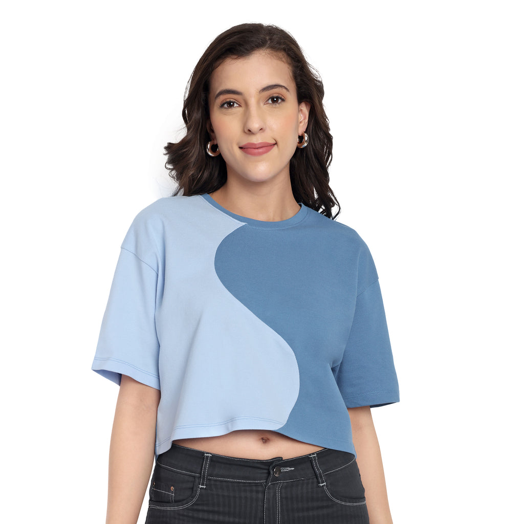 Women Blue Oversized Crop Top – One Sky